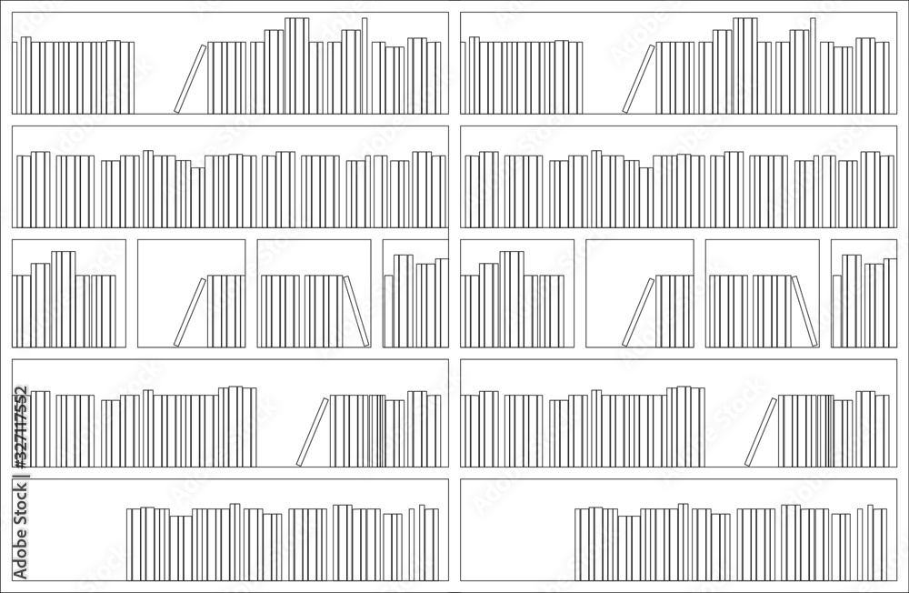 2D black and white CAD drawing of the bookshelf from the front ...