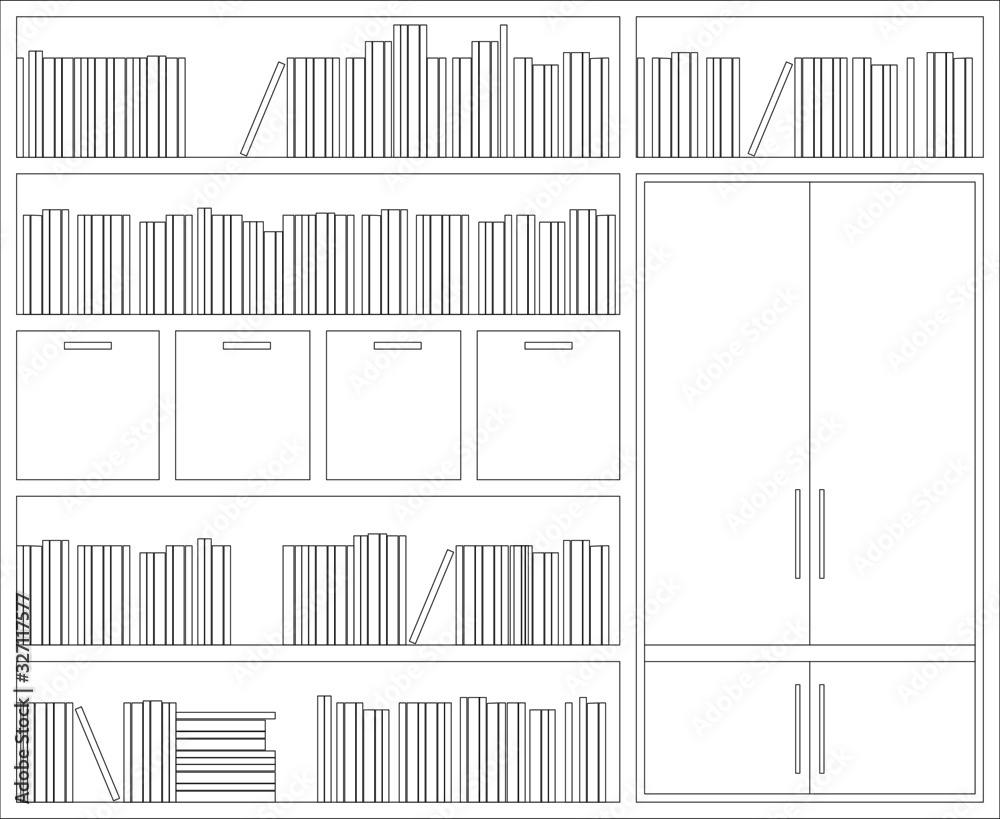 2D black and white CAD drawing of the bookshelf from the front ...