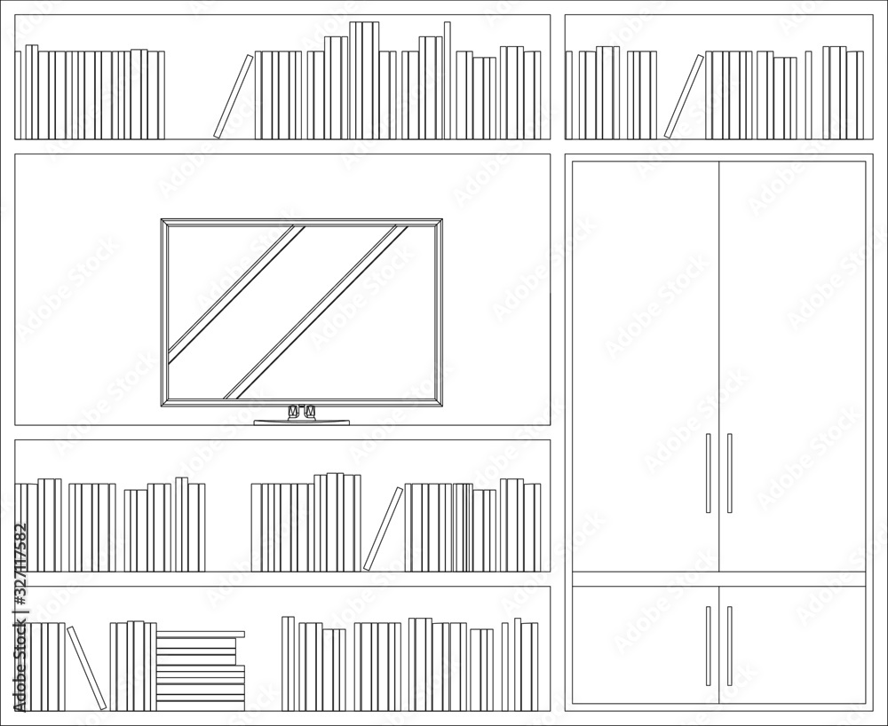 2D black and white CAD drawing of the bookshelf from the front ...