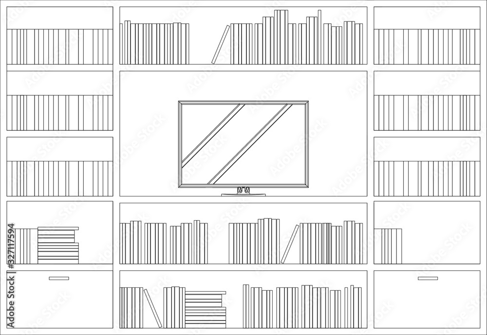 2D black and white CAD drawing of the bookshelf from the front ...
