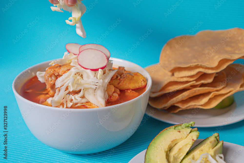 Delicious typical Mexican red Mexican pozole with tostadas Stock Photo ...