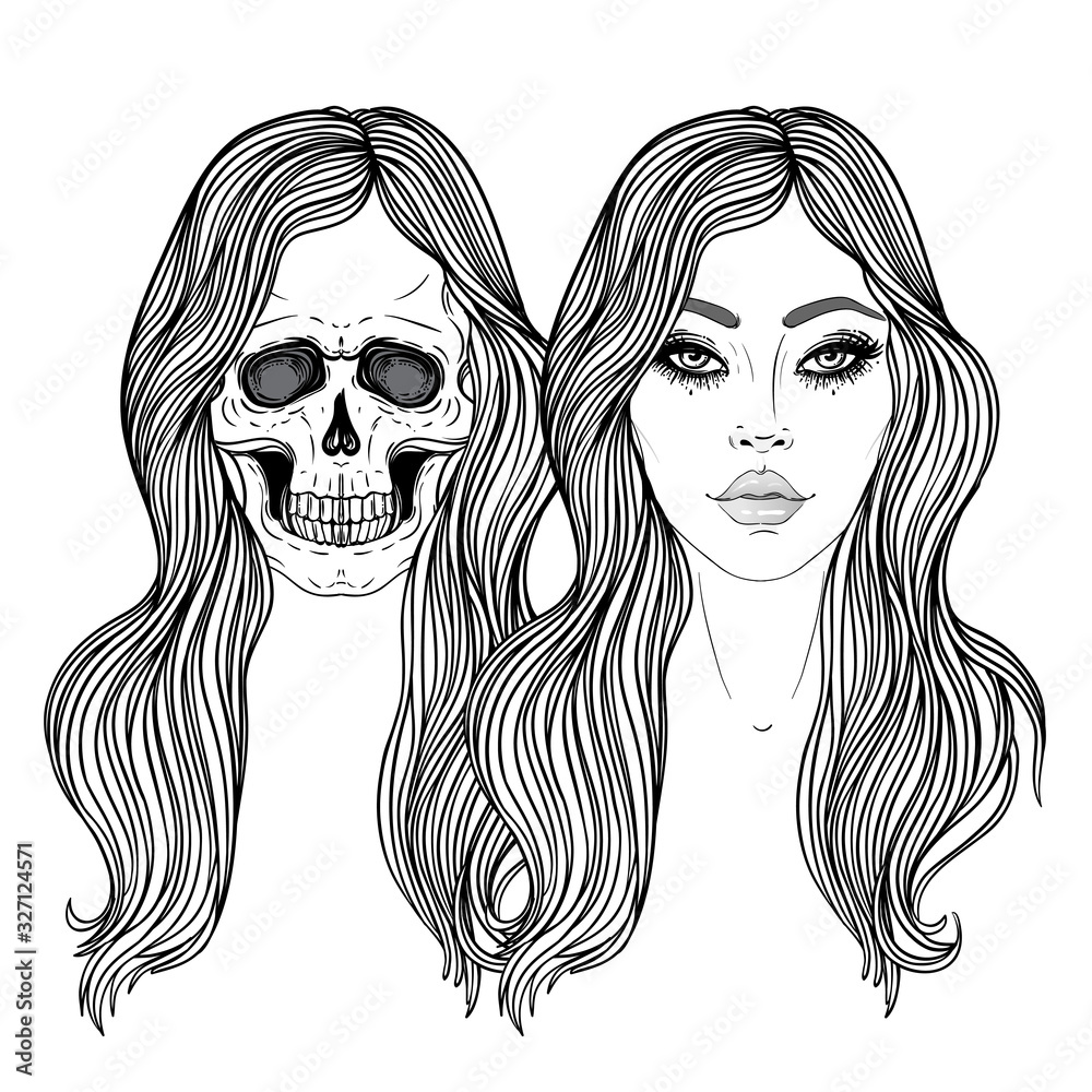 Dead and alive girls with long hair, mysticism, tattoos. Hand drawn ...
