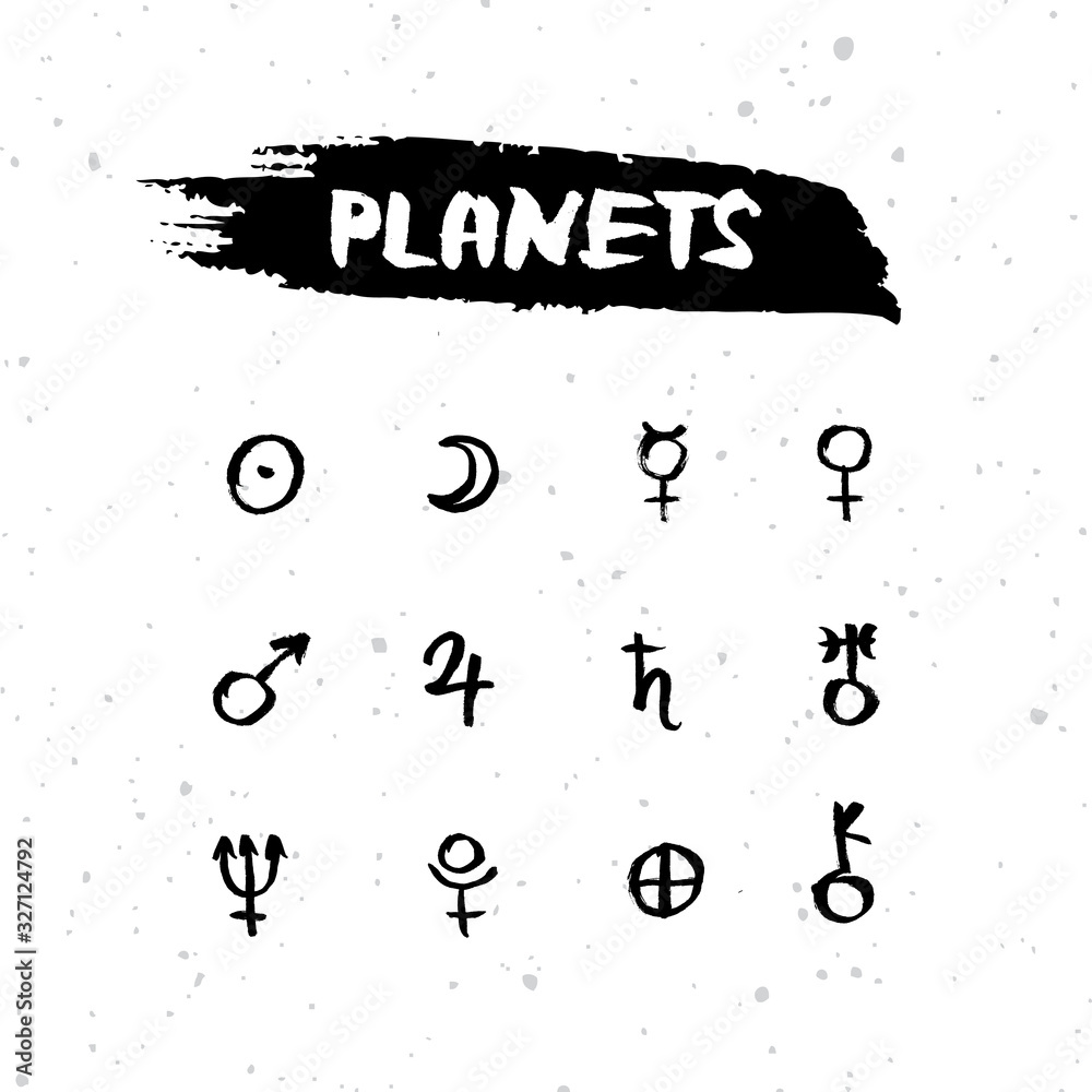 Vector handdrawn brush ink illustration set of planets signs ... Vector handdrawn brush ink illustration set of planets signs ...