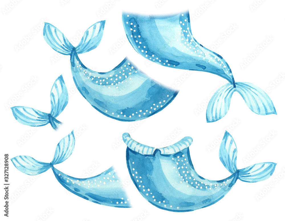 Watercolor nursery fish tail, handpainted mermaid tails on an isolated ...