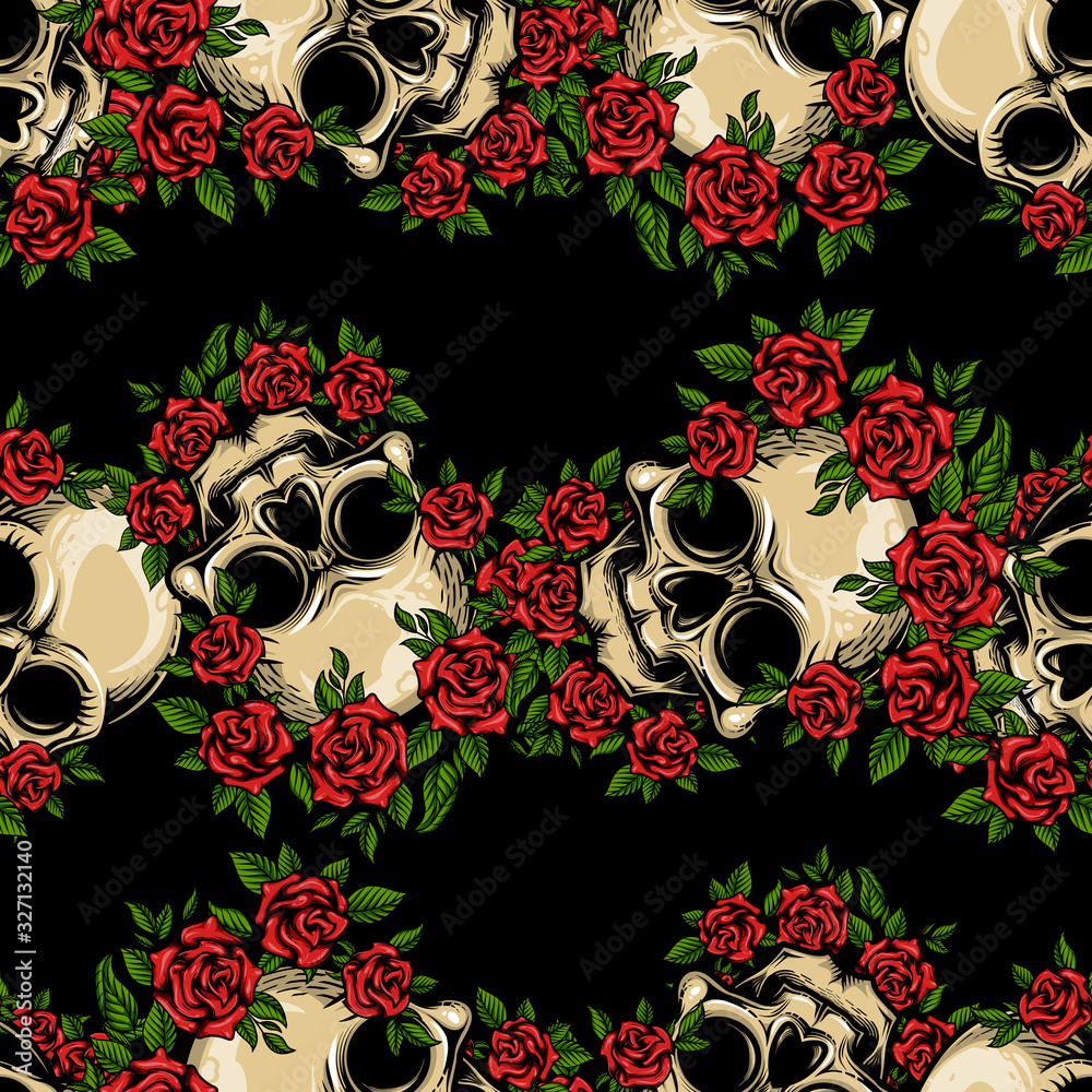 Human skulls with roses seamless pattern. Vector illustration of cute ...