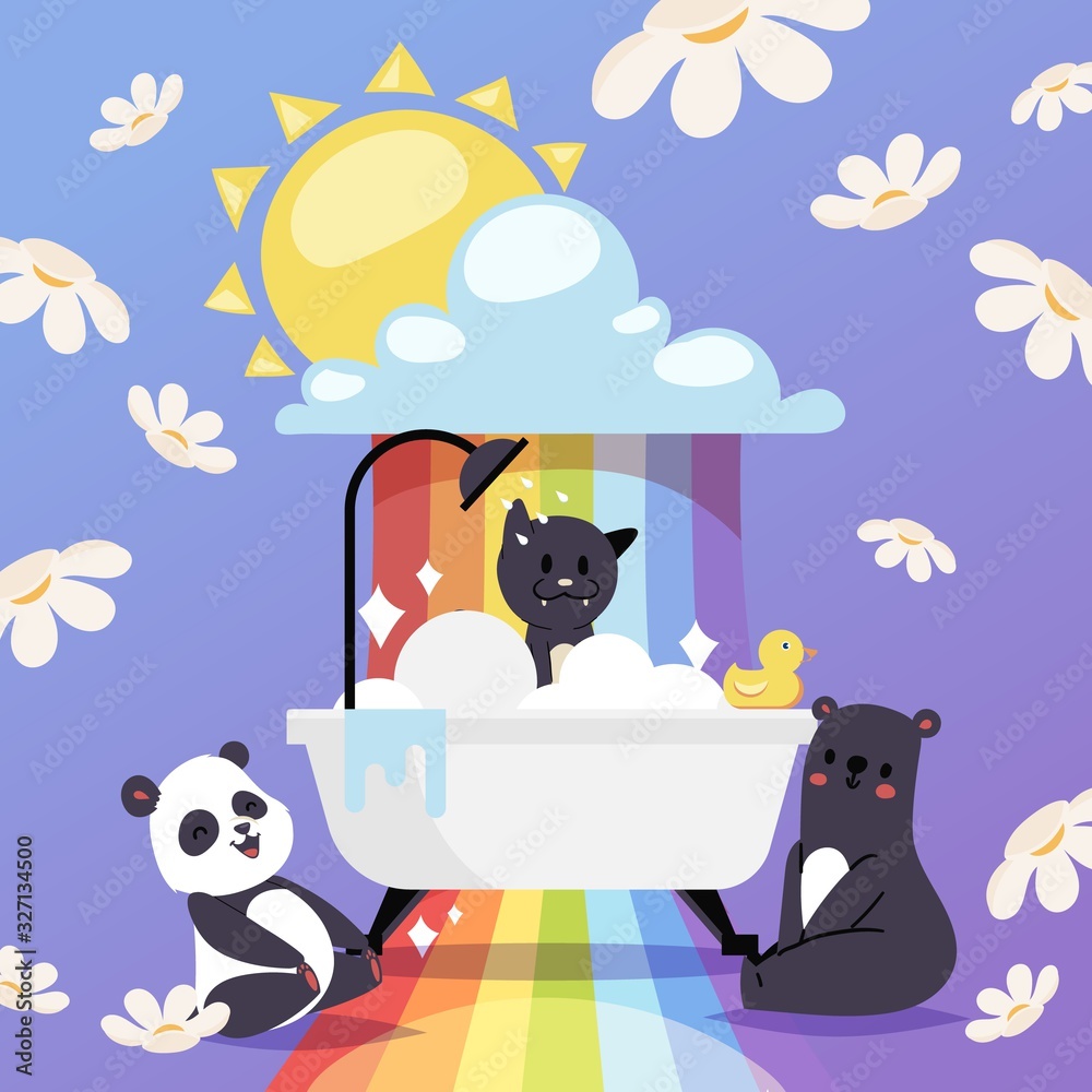 Animals taking bath vector illustration, cute cartoon characters panda ...