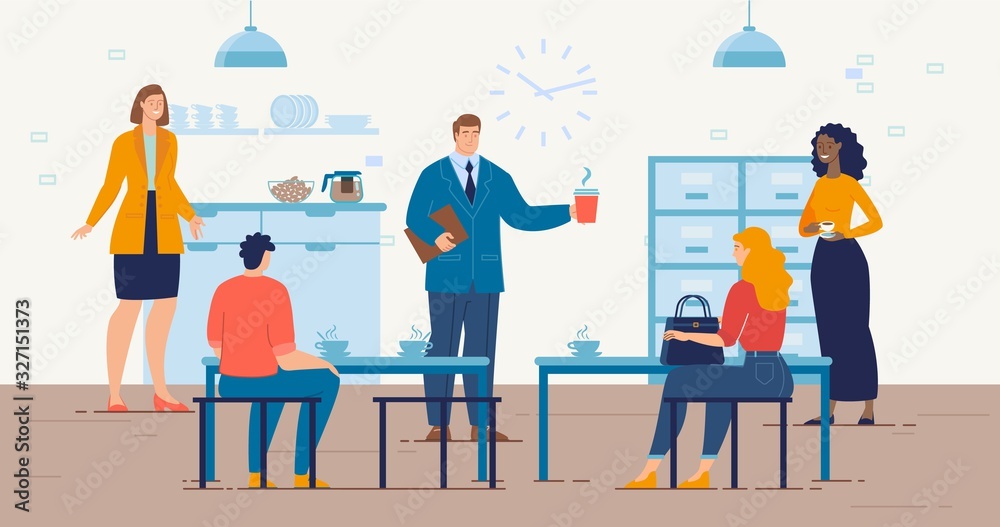 Coffee Break in Company Office, Lunch at Work, Employees Communication ...