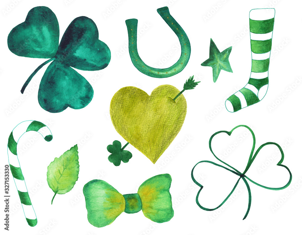 Set of Irish traditional elements in emerald green color. Shamrocks ...