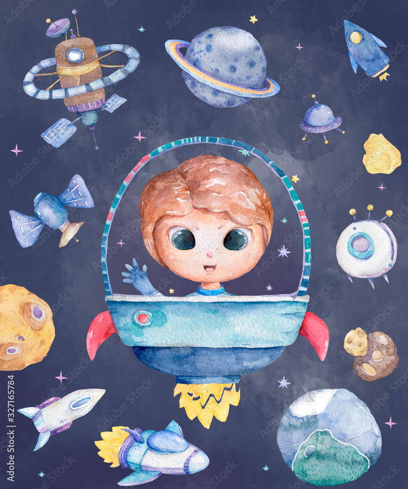 Cute smiling boy brown hair flowers in head take blue planet in hands ...