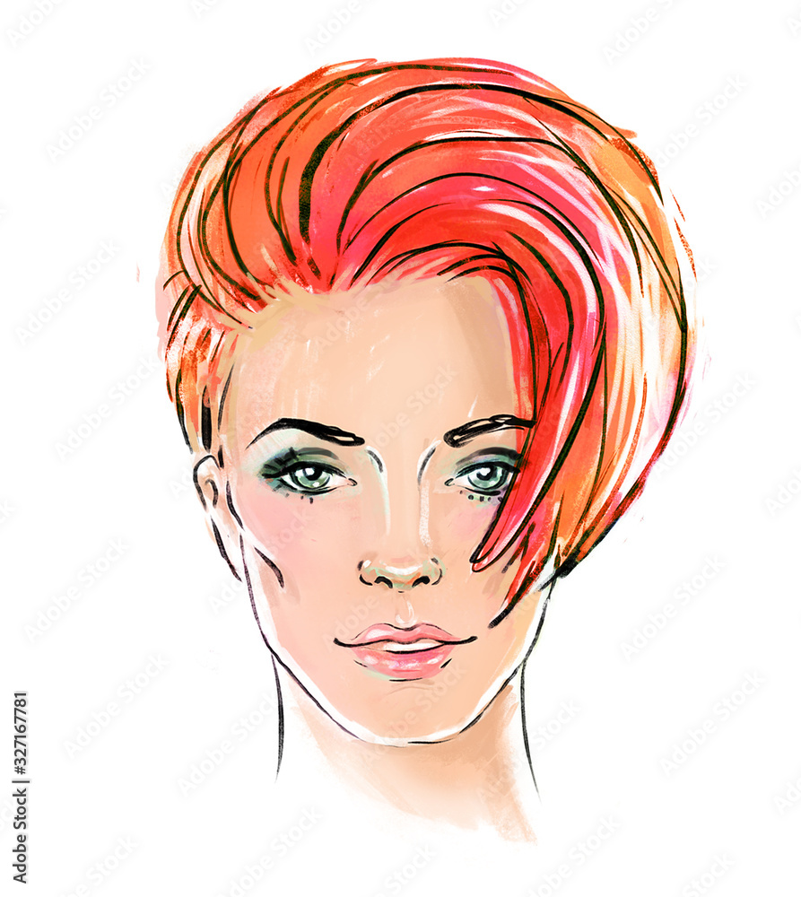 Portrait of a young pretty woman with short pixie haircut. Sketchy ...