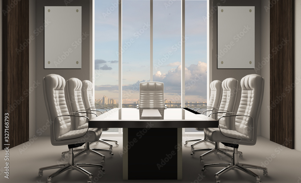 meeting room with a large window and wood paneling on the walls. Large ...