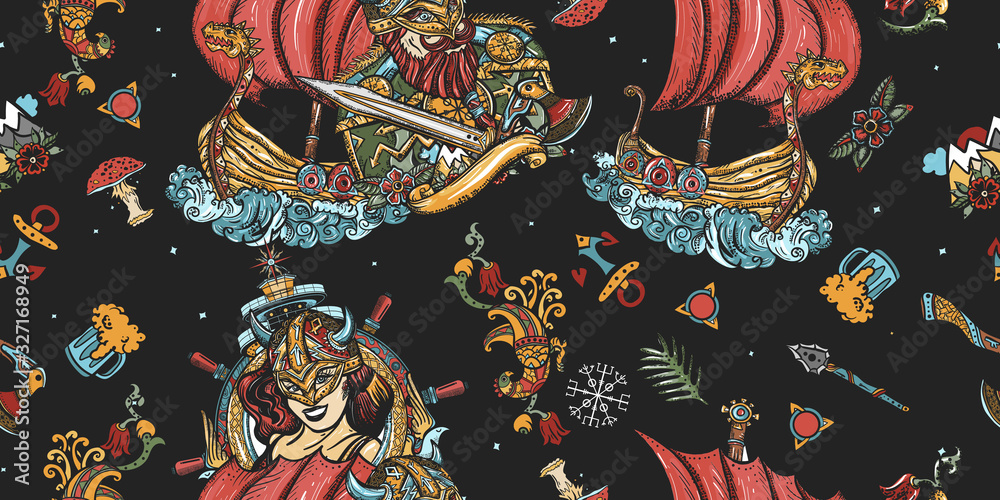 Vikings seamless pattern. Old school tattoo background. Medieval ...