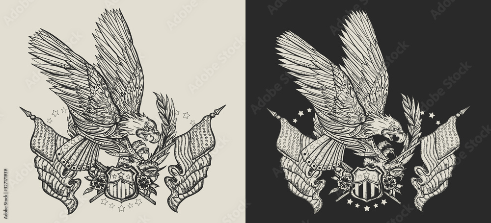 American eagle, laurel branches and crossed USA flags. Patriotic emblem ...