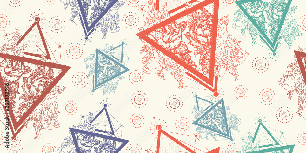 Roses in a triangle. Seamless pattern. Packing old paper, scrapbooking ...