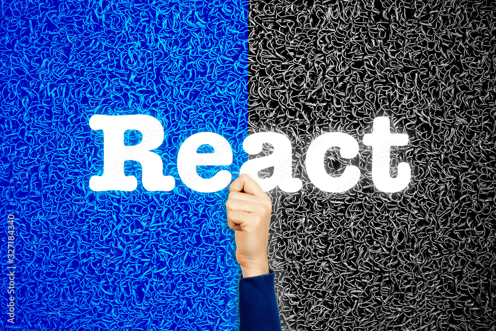 React front end programming language concept. Woman developer with her ...