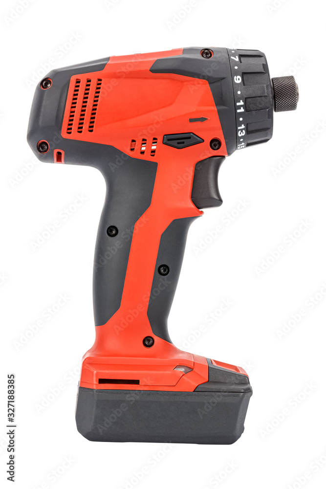 Side view of cordless 12V screwdriver powered by Li-ion battery with ...