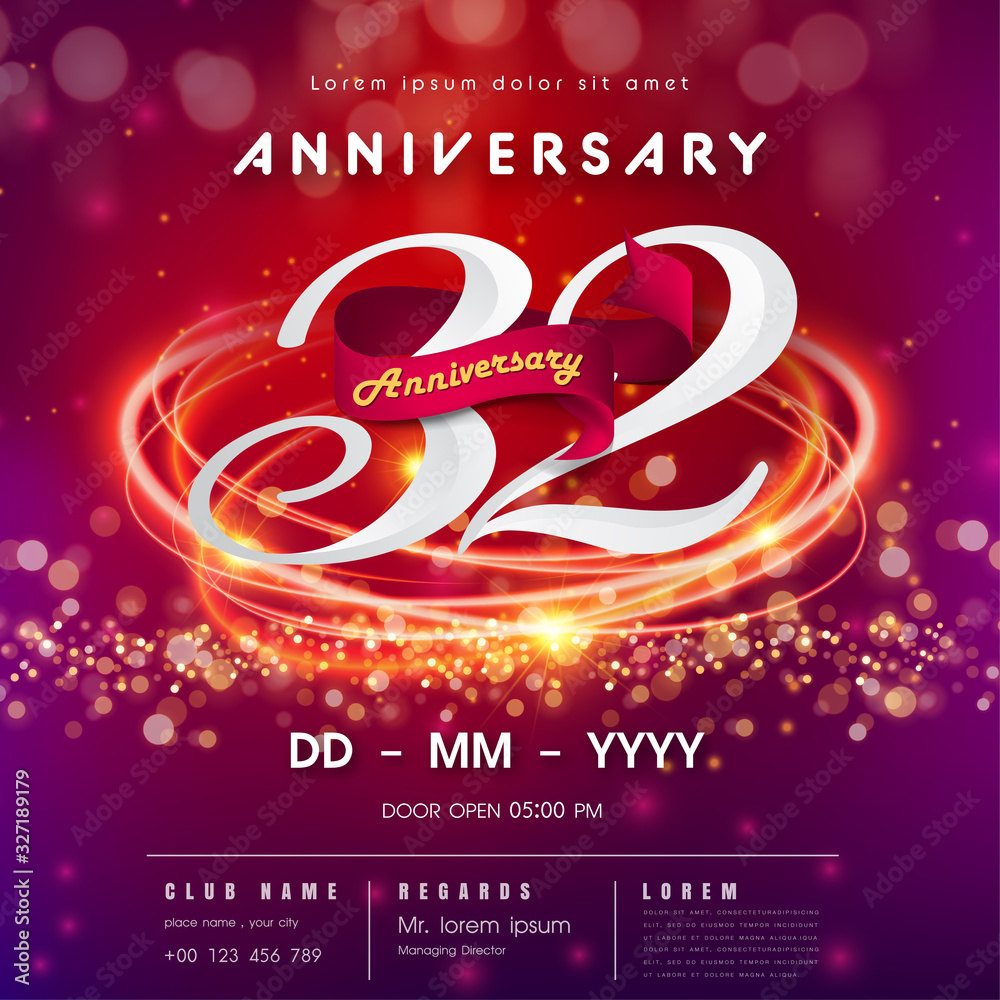 32 years anniversary logo template on red and pink futuristic space ...