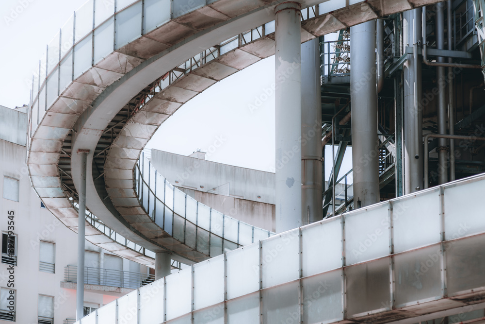 A close-up view of a contemporary construction of an oil refinery or a ...
