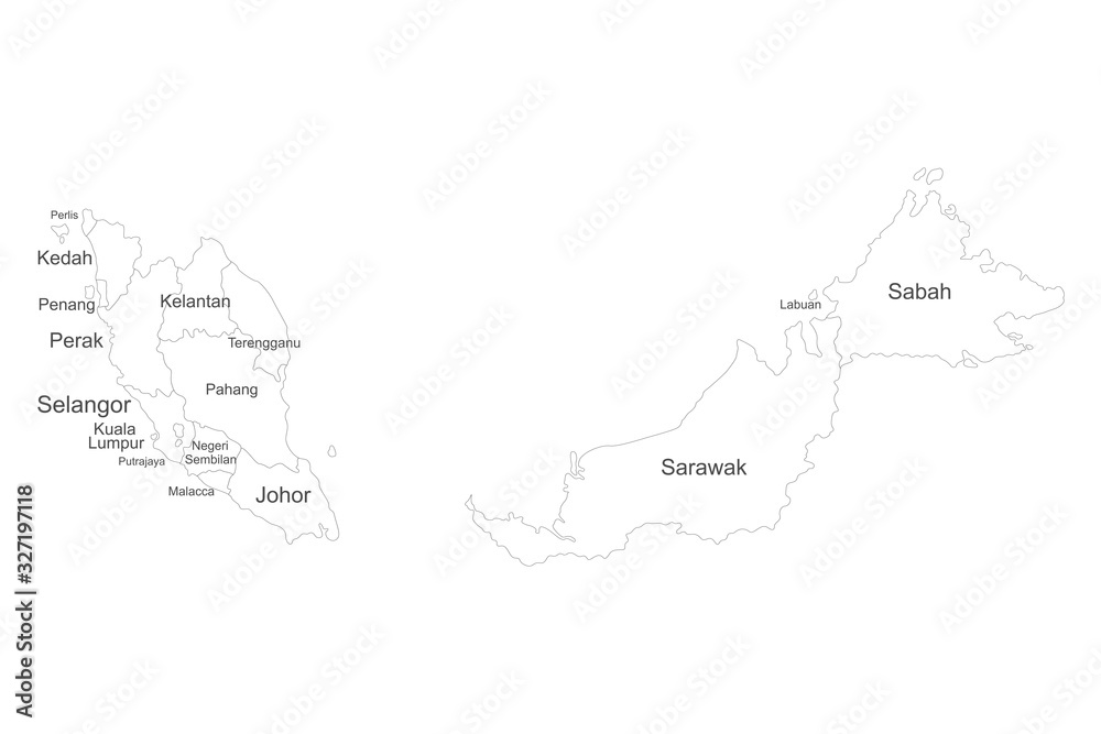 Malaysia federal states map with name labels on white background ...