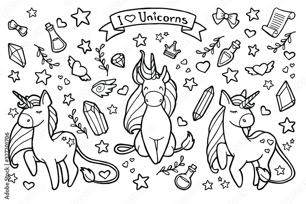 Vector illustration. Hand drawing. Cartoon unicorn. Magical items ...