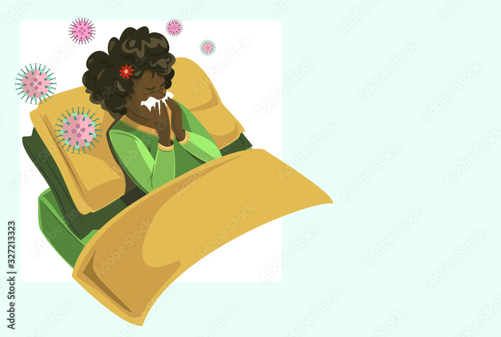 Sick african american child in bed ,holding tissue, sneezing into ...