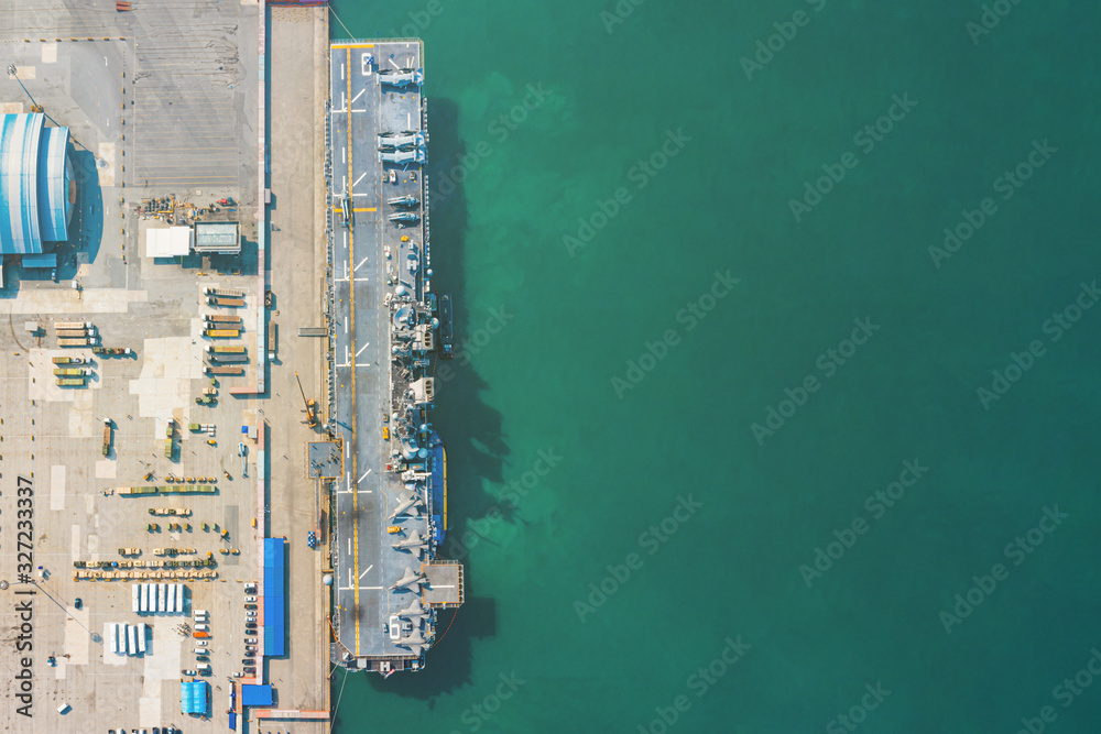 USS America. Navy aircraft carrier Aerial top view of battleship ...