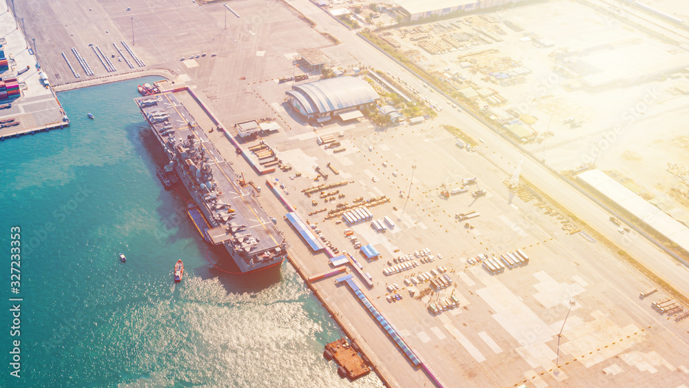 USS America. Navy aircraft carrier Aerial top view of battleship ...