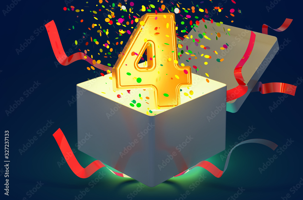 Number 4 inside gift box with confetti and shiny light, 3D rendering ...