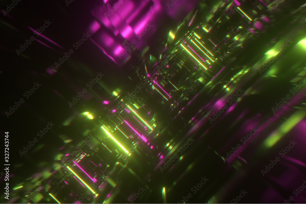 Flying in a technological abstract space with luminous neon tubes ...