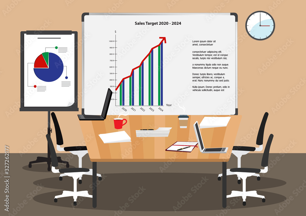 Cartoon character with infographic presentation in the conference room ...