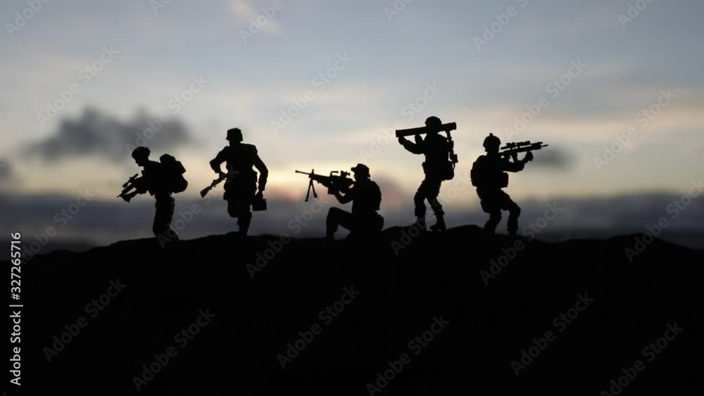 War Concept. Military silhouettes fighting scene on war fog sky ...
