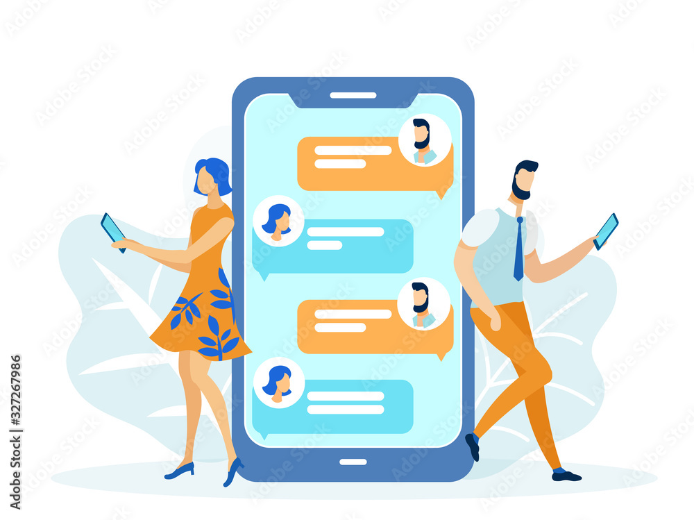 Woman and Man Characters Standing near Huge Mobile Phone and Sending ...