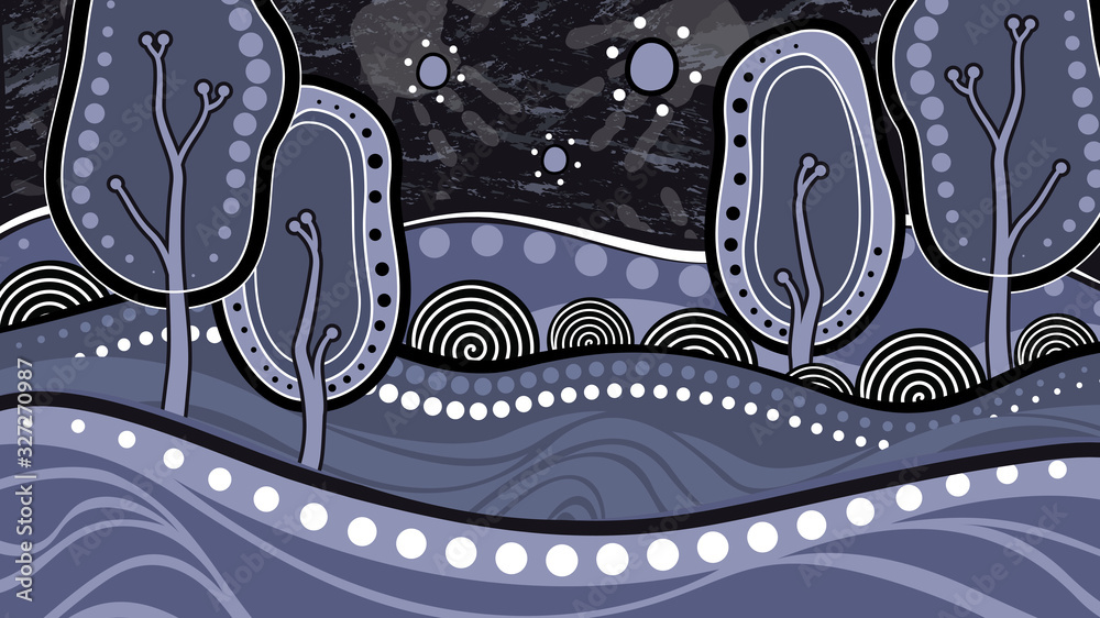 Tree on the hill, Aboriginal art vector painting depicting nature Stock ...