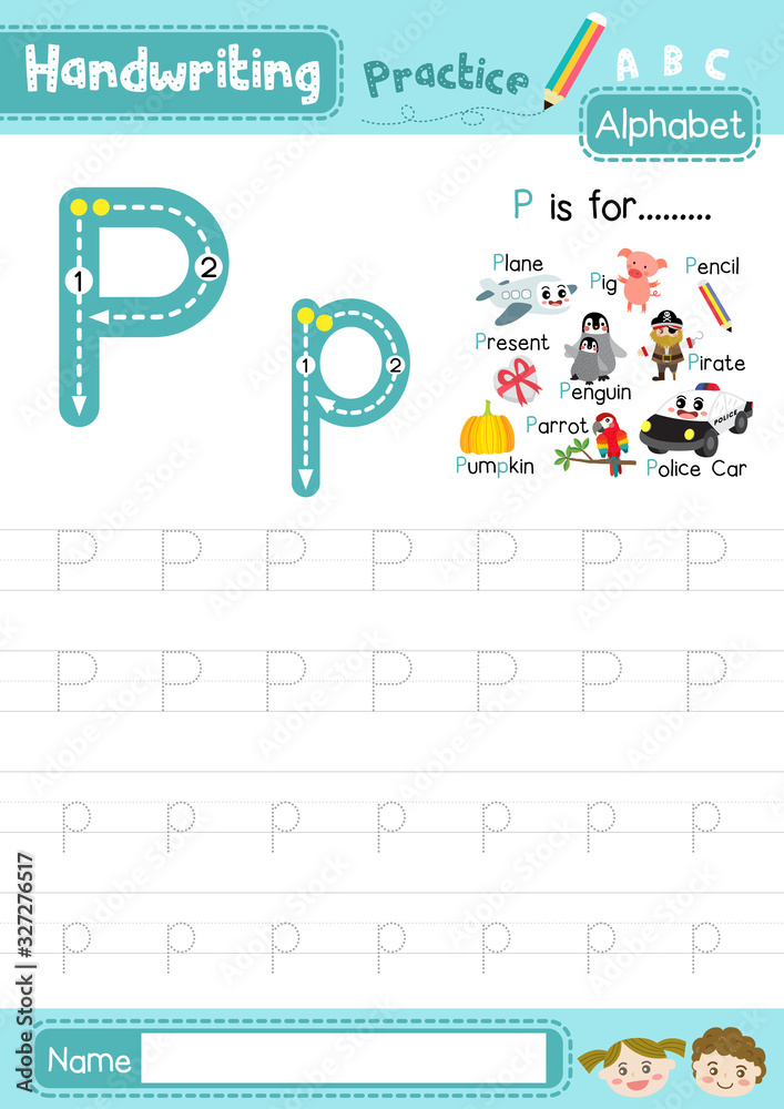 Letter P uppercase and lowercase tracing practice worksheet A4 Stock ...