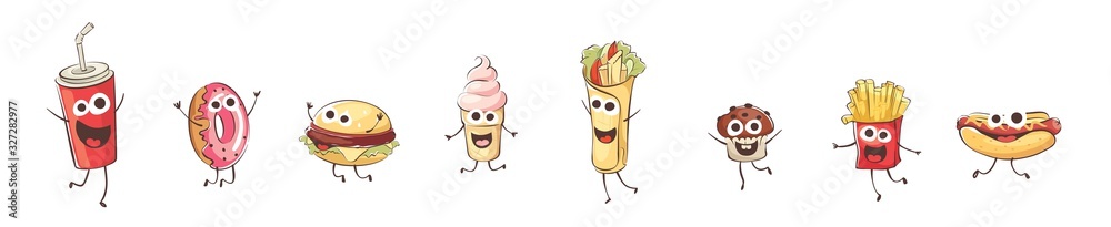 Funny cartoon fast food. Set vector illustrations with different comic ...