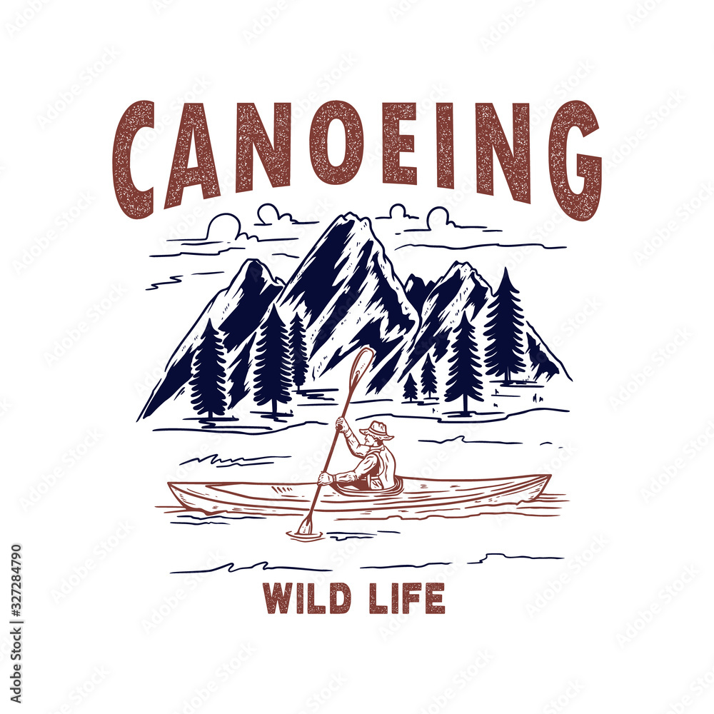 Canoeing. Illustration of wild mountains landscape, river and man on ...