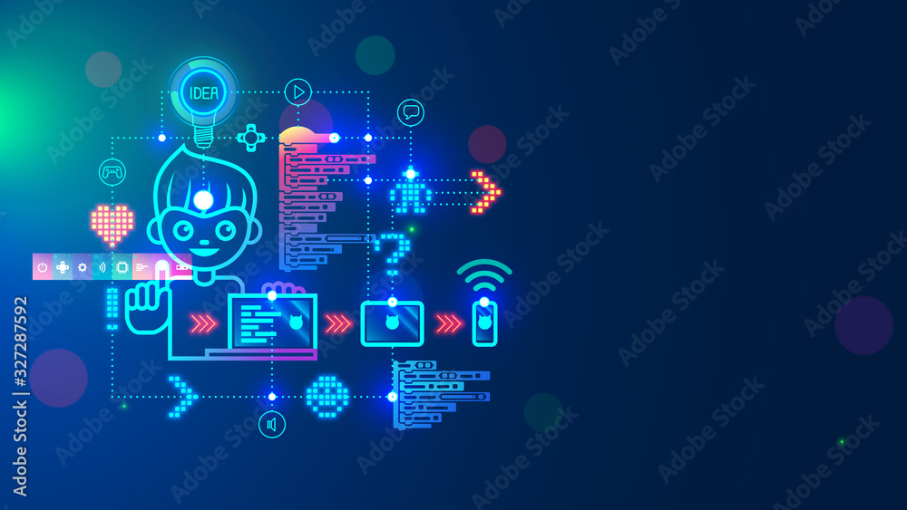 A smiling clever boy with idea symbol bulb is programming on laptop in ...