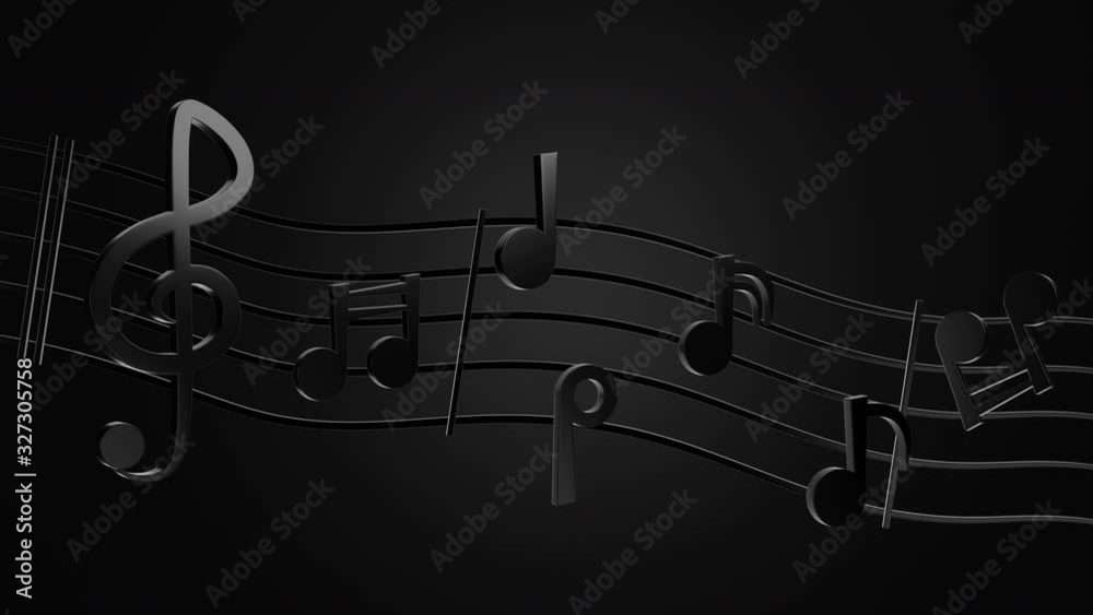 Black music notes and wave music lines in darkness background. 3D ...