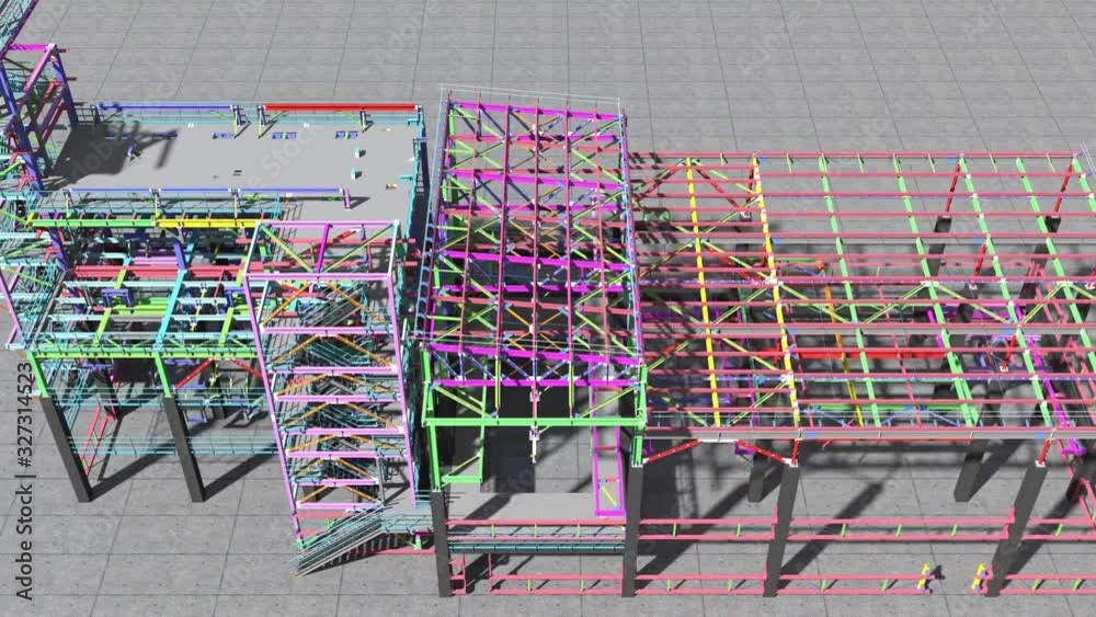Flying over the top of a BIM model of an industrial building made of ...