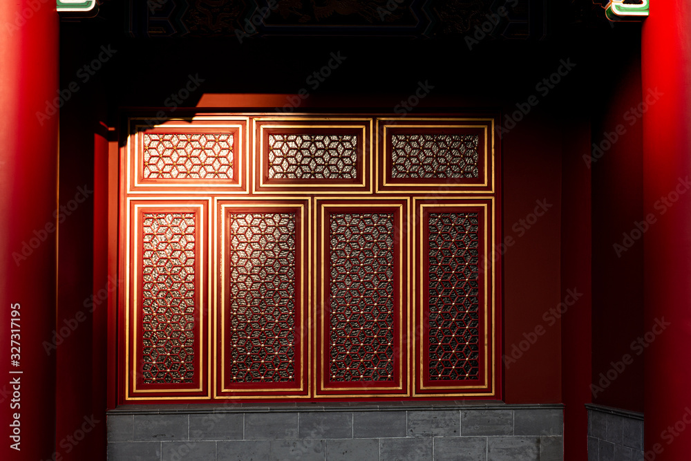 Part of Chinese traditional palace building, resplendent red painted ...