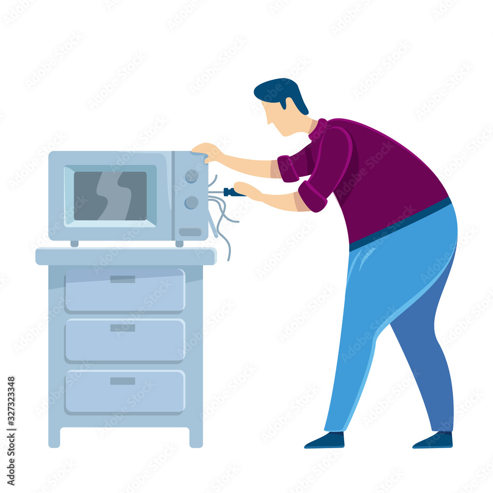 Handyworker flat color vector faceless character. Man fixing microwave ...