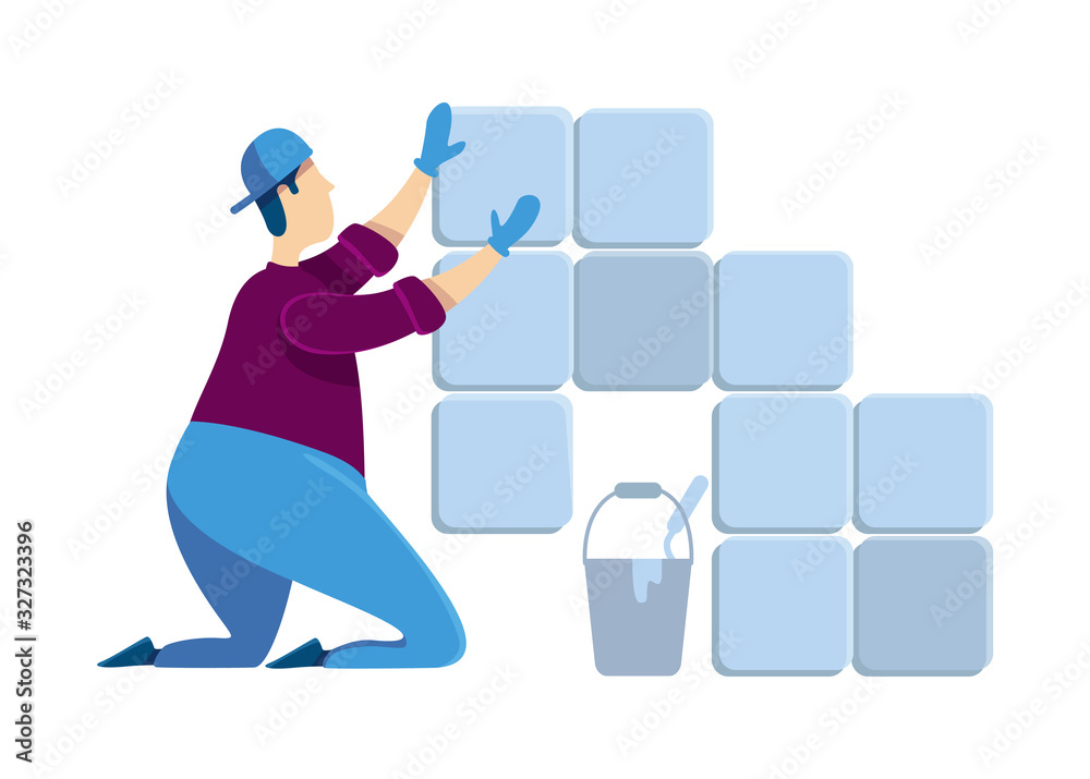 Tiler flat color vector faceless character. Man installing ceramic ...