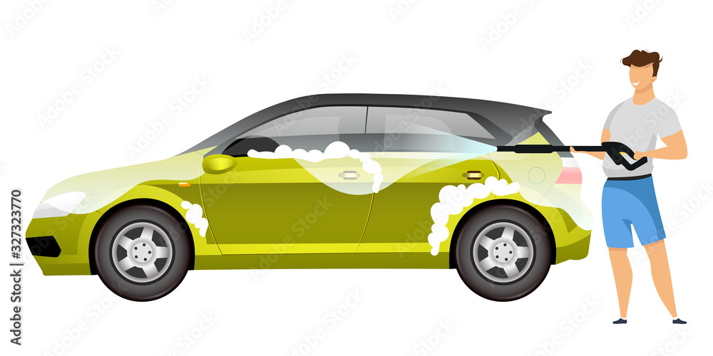 Man washing hatchback flat color vector faceless character. Guy using ...