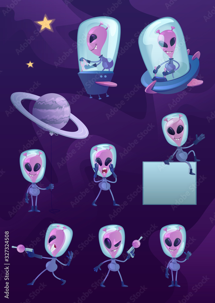 Extraterrestrial 2d cartoon character illustrations kit. Emotional ...
