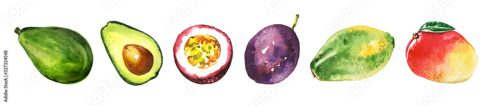 Watercolor exotic tropical passion fruit, avocado, mango illustration ...