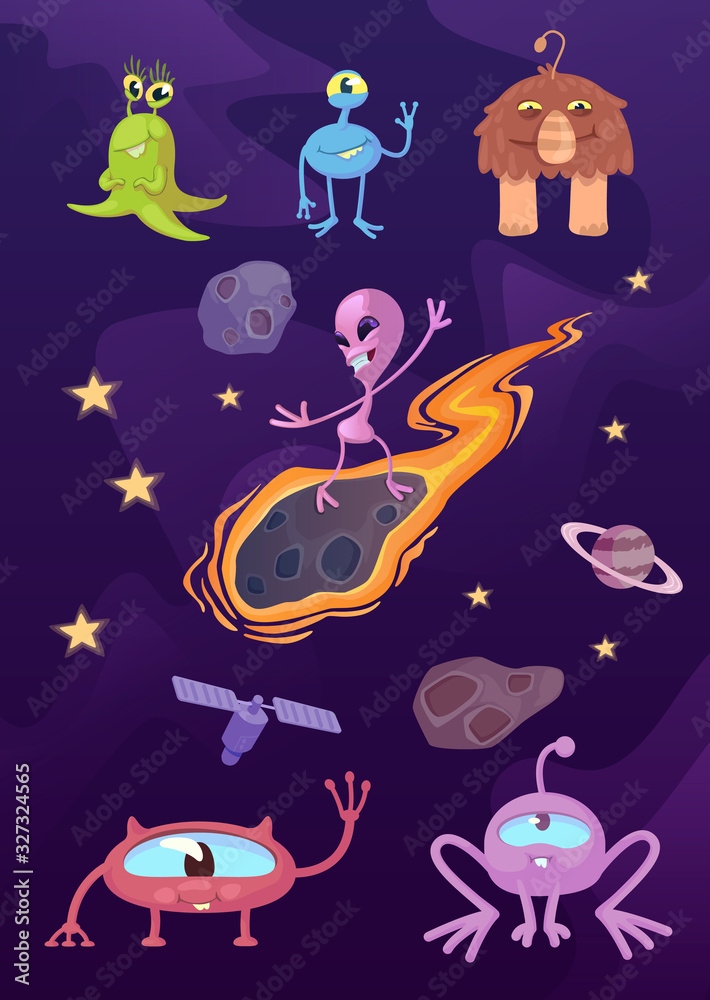 Aliens, fantastic creatures flat cartoon vector illustrations kit ...