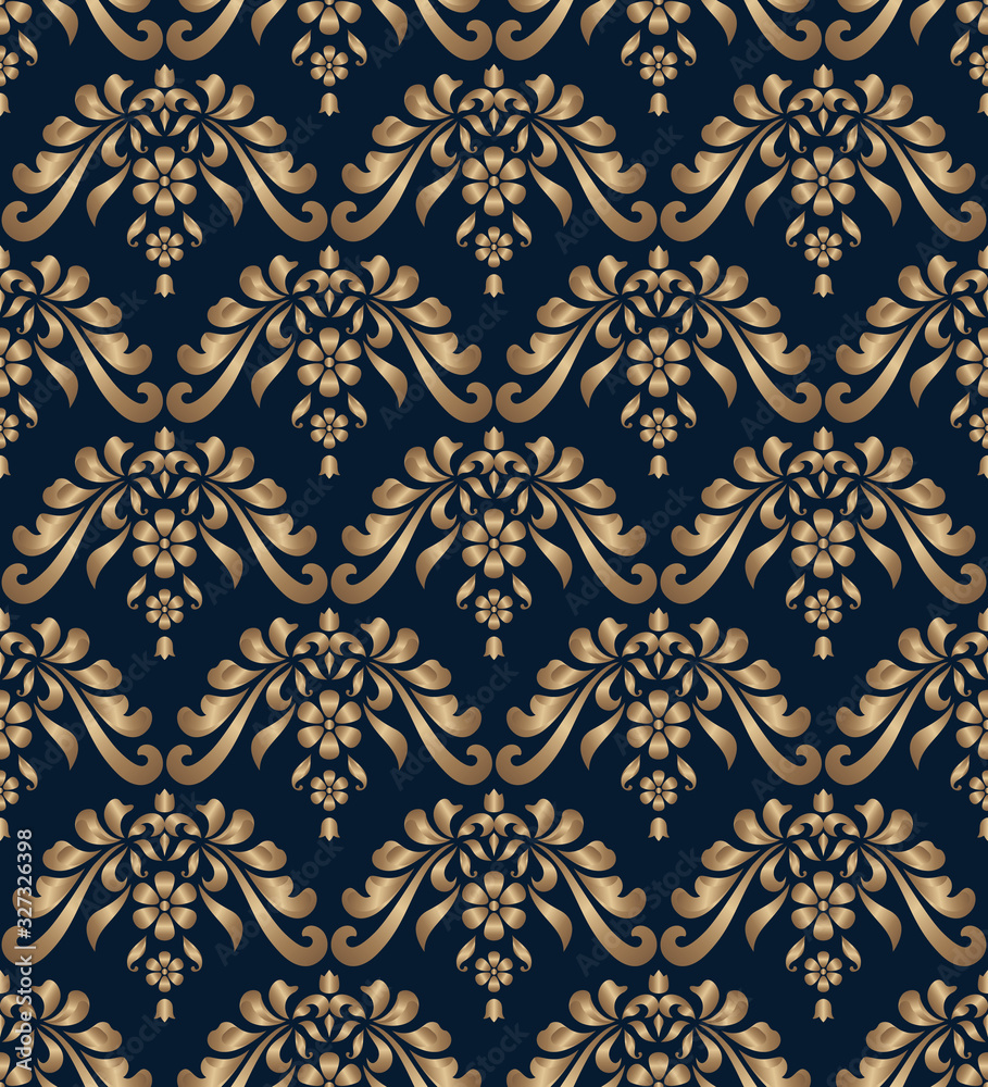 Elegant damask pattern with golden floral swirls. Gold scrolls on dark ...
