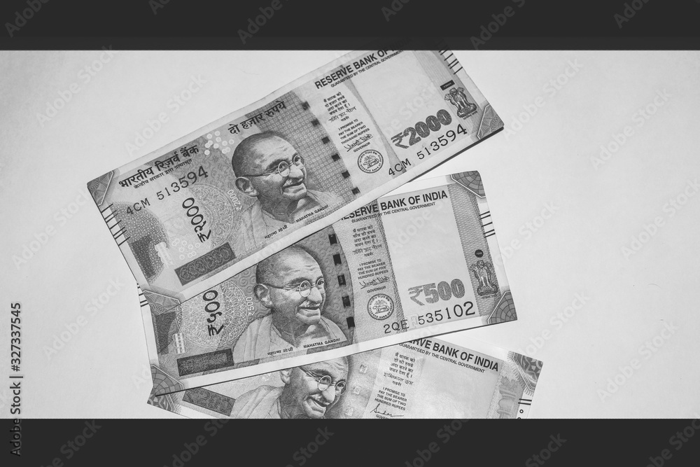 New Indian currency of 200, 500 and 2000 Rupee notes isolated on white ...