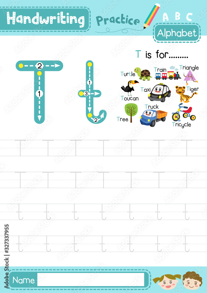 Letter T uppercase and lowercase tracing practice worksheet A4 Stock ...