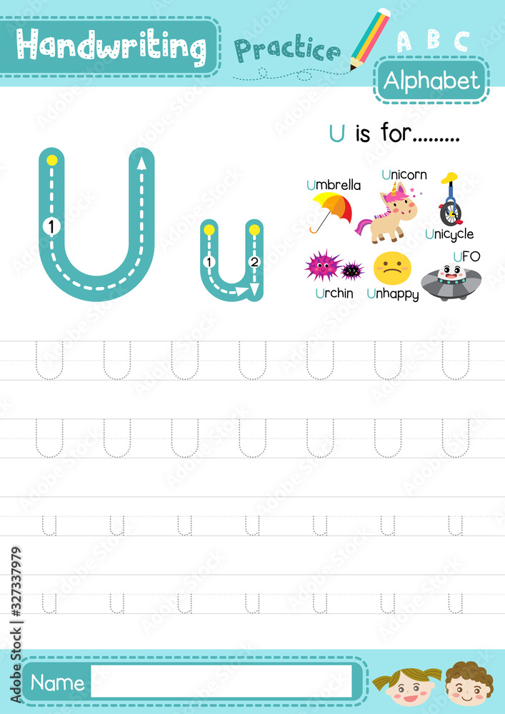 Letter U uppercase and lowercase tracing practice worksheet A4 Stock ...